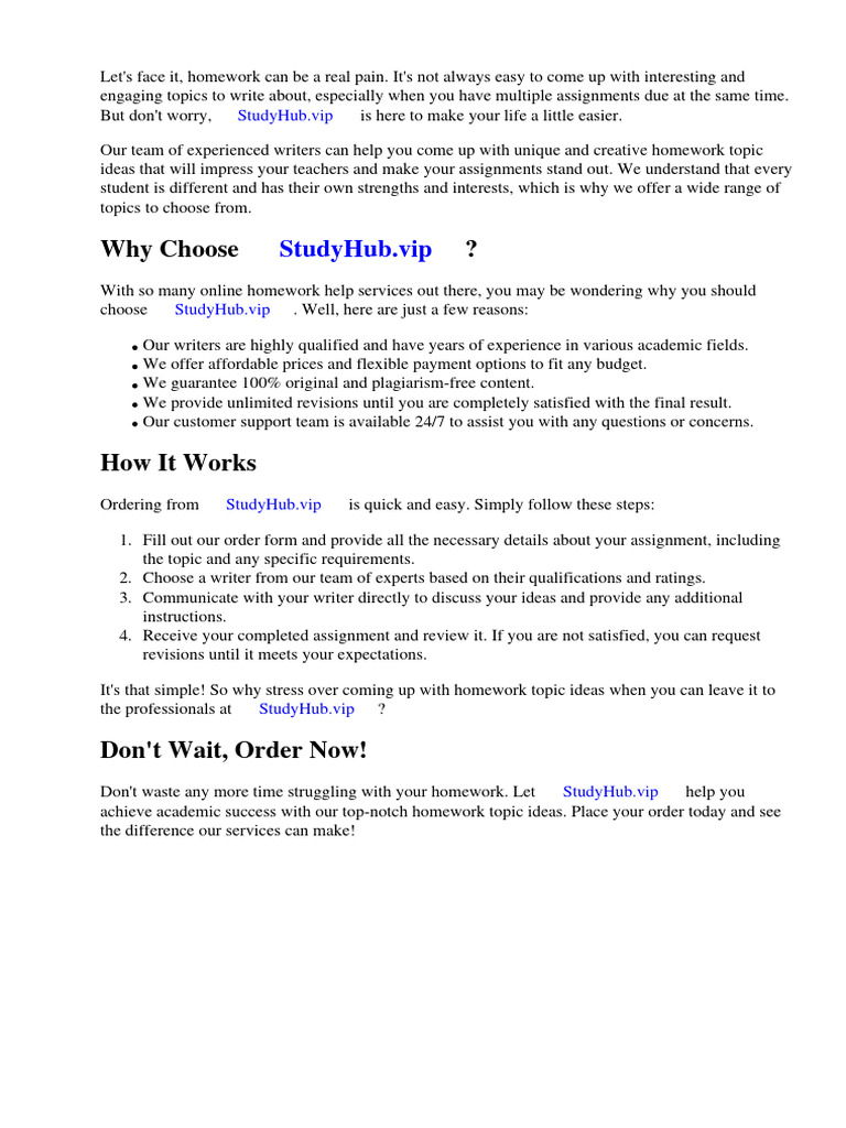 Homework Topic Ideas | PDF | English As A Second Or Foreign Language ...