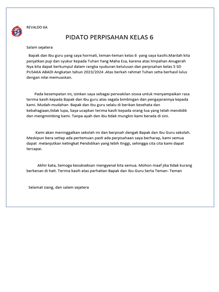Pidato Perpisahan Kelas 6a | PDF