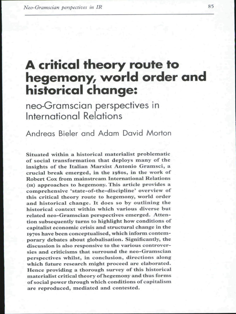 A Critical Theory Route To Historical Change:: Hegemony, VV Orld Order ...