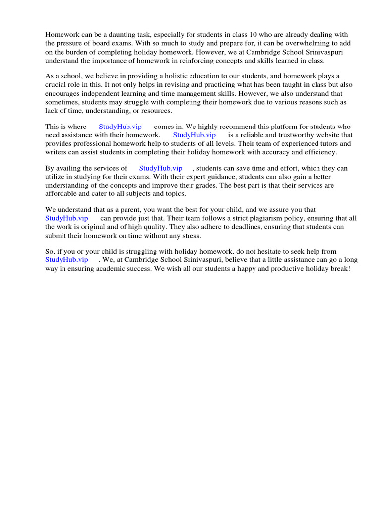 Cambridge School Srinivaspuri Holiday Homework For Class 10 | PDF ...