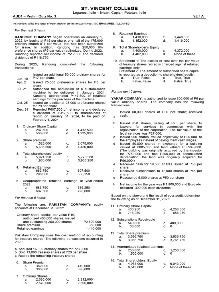 Kandong Company Equity Quiz 2023 | PDF | Treasury Stock | Dividend