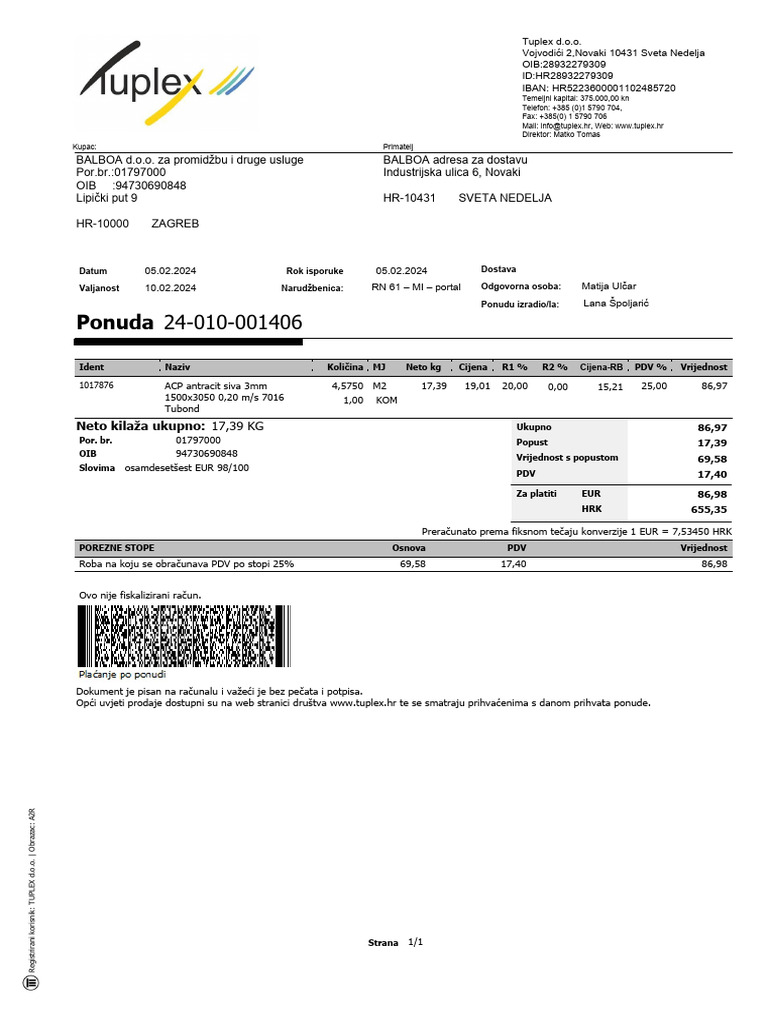 Ponuda Tuplex Konv - Nap. - 24 010 001406 | PDF