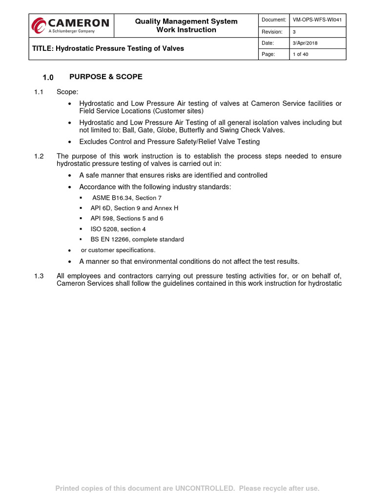 Hydrostatic Pressure Testing of Valves | PDF | Valve | Calibration