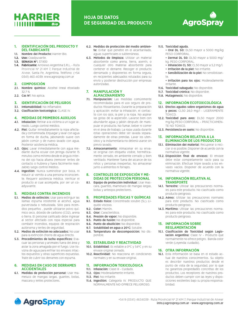 Hoja de Seguridad Harrier Bio | PDF | Agua