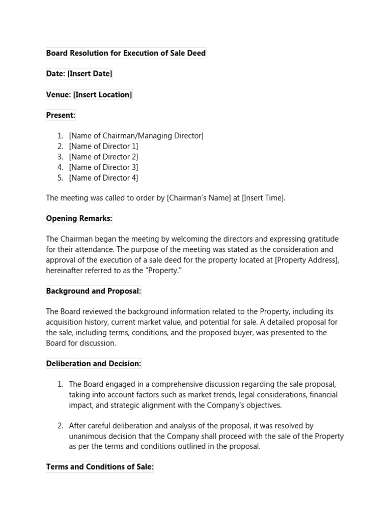 Board Resolution For Execution of Sale Deed | Download Free PDF | Deed ...