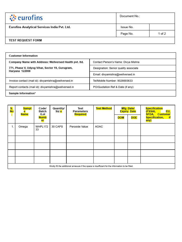 Eurofins Analytical Services India Pvt. LTD.: Document No. | PDF ...