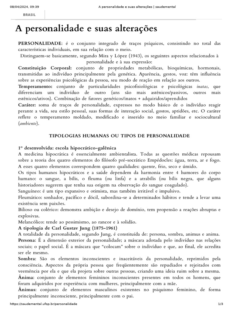 Alterações e Tipos de Personalidade | PDF | Distúrbio mental | Temperamento