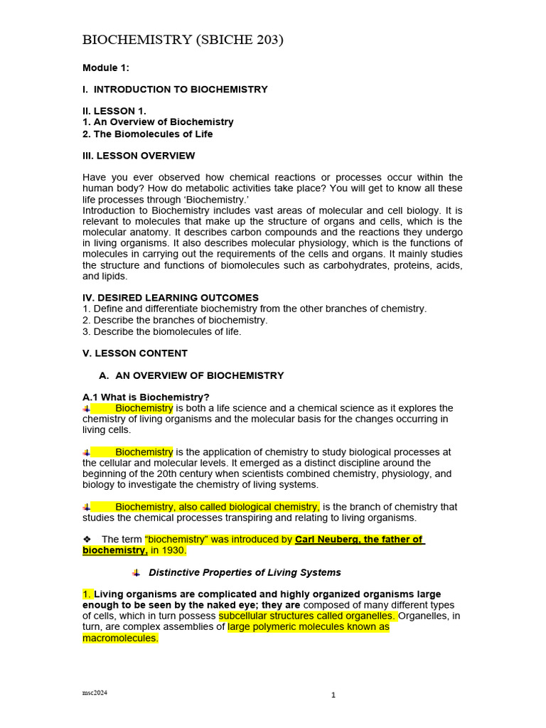 Module 1 - Introduction To Biochemistry | PDF | Biochemistry | Chemistry