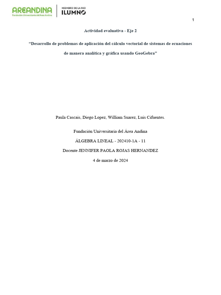 Actividad Evaluativa Eje 2- Algebra Lineal | PDF | Sistema de ecuaciones lineales | Matriz ...