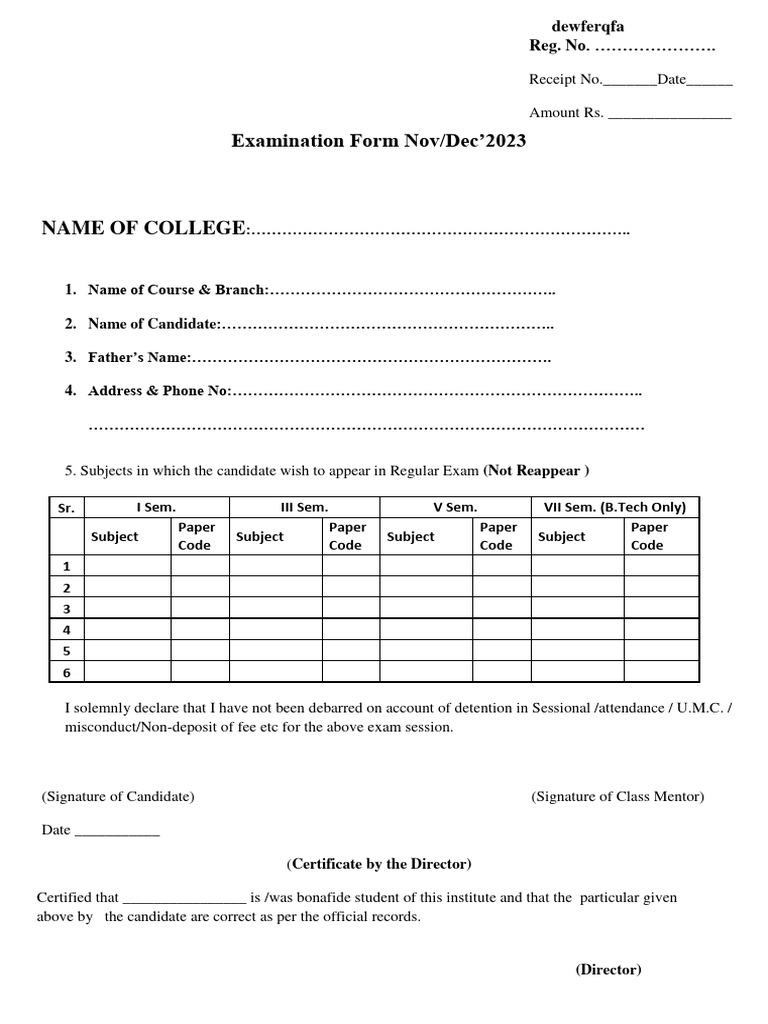 Examination Form Nov/Dec'2023: Dewferqfa Reg. No. | PDF
