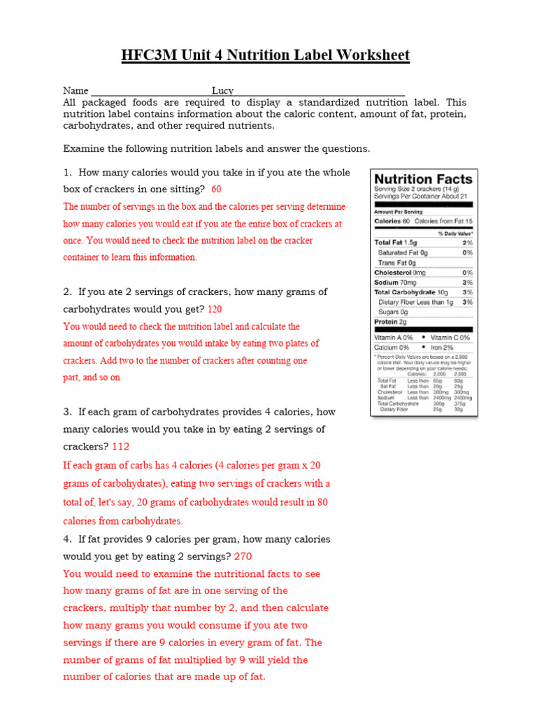 Nutrition Label Analysis Worksheet | PDF | Nutrition Facts Label | Fat