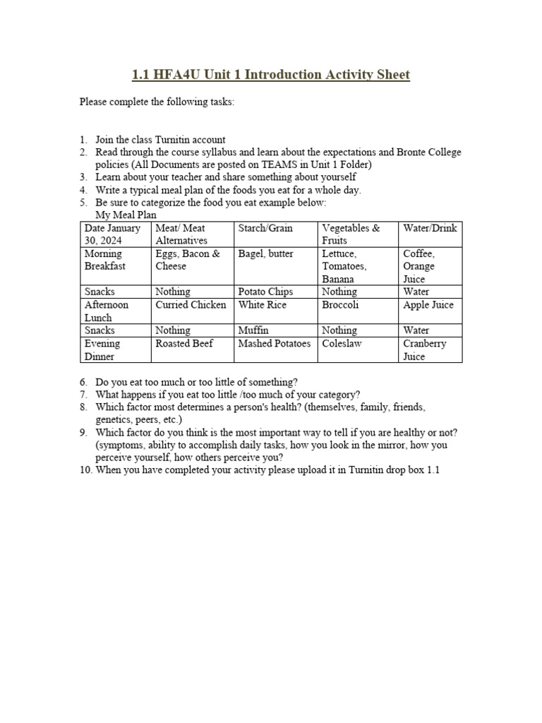 HFA4U Intro: Meal Plan & Health Analysis | PDF