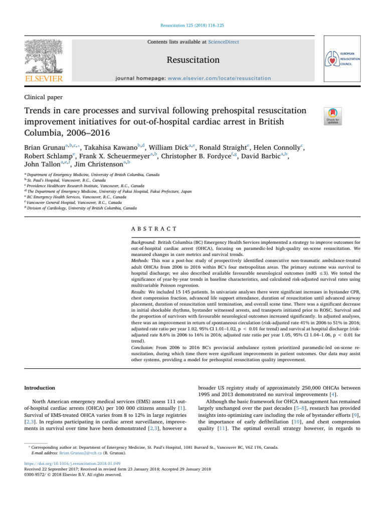 Grunau Resus 2018 - Trends and Survival OOHCA BCAS 2006-16 | PDF ...