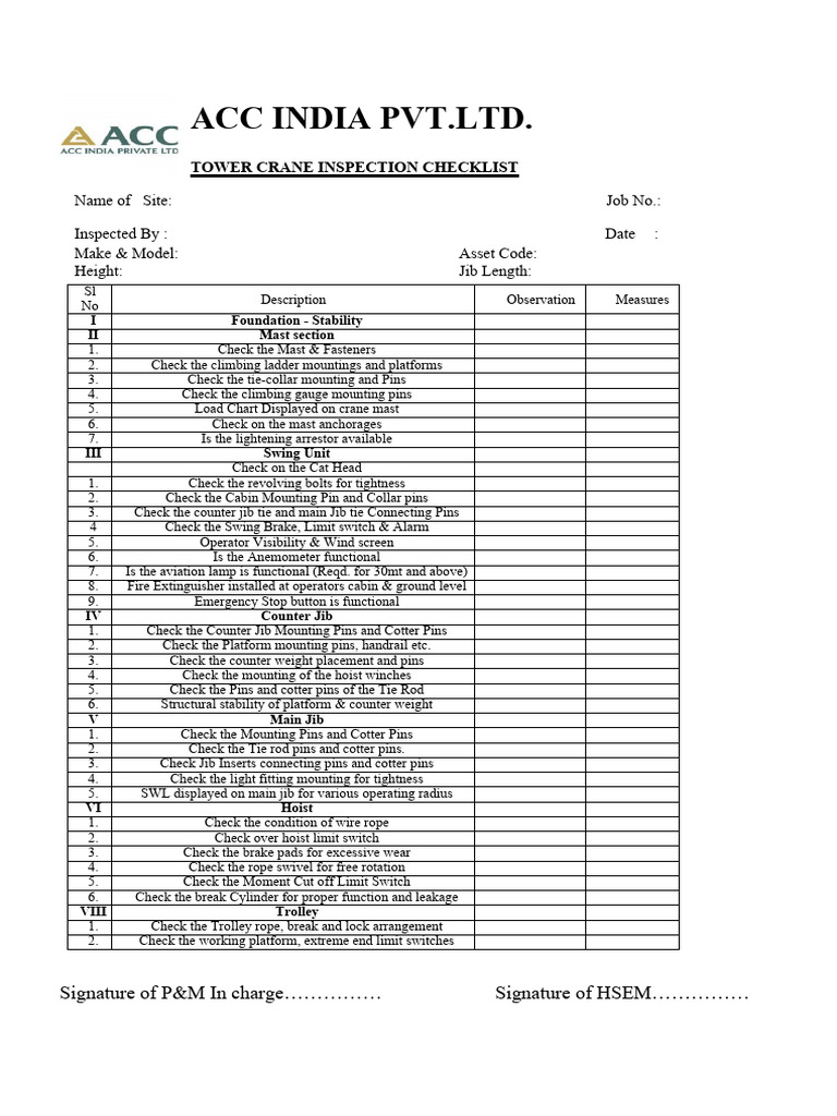 Tower Crane Checklist | PDF | Crane (Machine) | Manufactured Goods