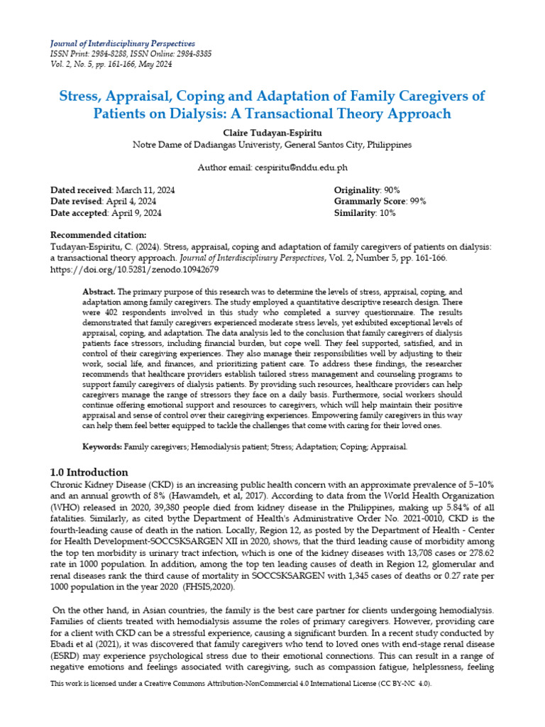 Stress, Appraisal, Coping and Adaptation of Family Caregivers of ... Stress, Appraisal, Coping and Adaptation of Family Caregivers of ...
