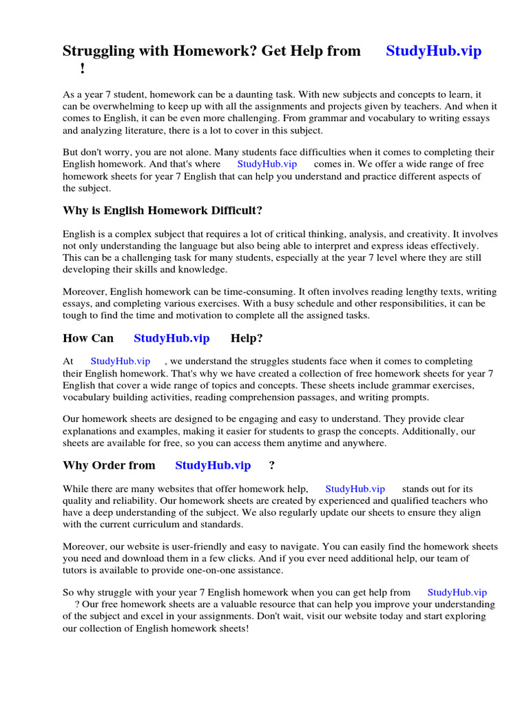 Free Homework Sheets Year 7 English | PDF | Homework | Reading ...
