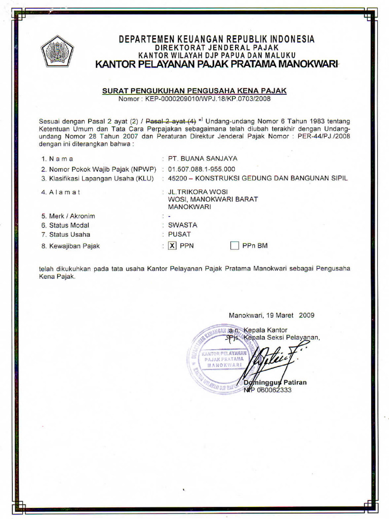 Surat Pengukuhan Pengusaha Kena Pajak | PDF
