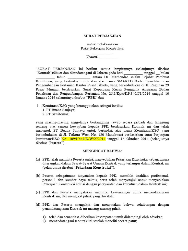 Surat Perjanjian - Versi Dokumen Lelang | PDF | Pengelolaan Keuangan & Uang | Hukum