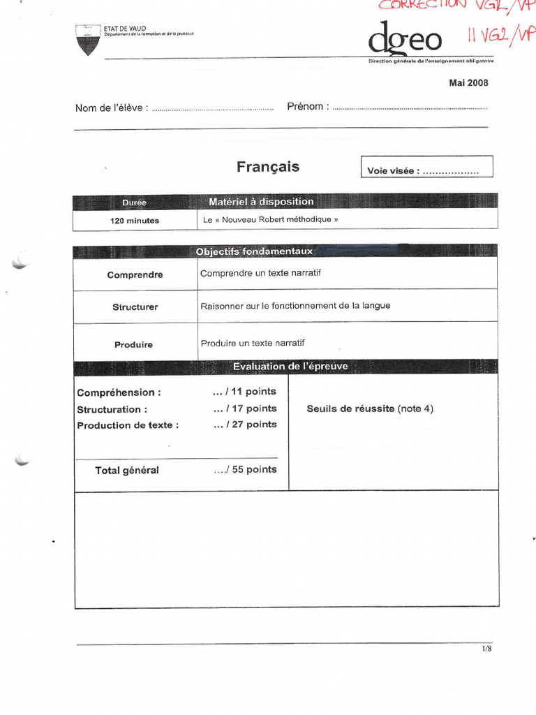 corrige exa francais VG2 2008 | PDF