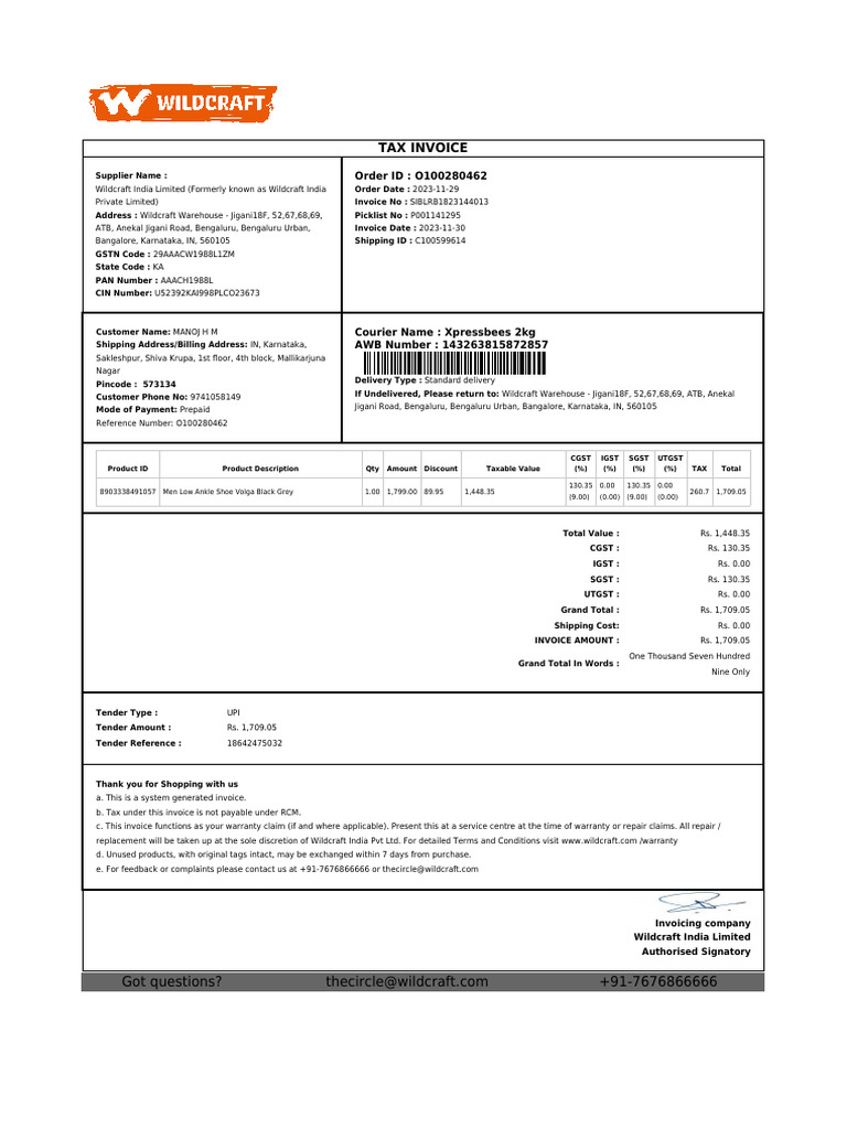 WILDCRAFT Invoice - C100599614 - P001141295 | PDF | Invoice | Payments
