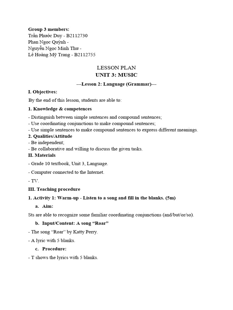 Group 3 - Lesson Plan (Grammar) | PDF | Sentence (Linguistics ...