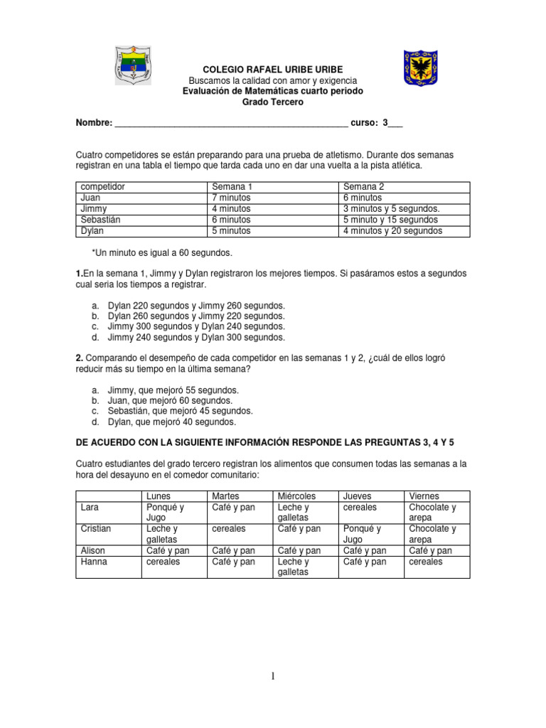 3 Evaluación Matemáticas 4 Periodo | PDF | Panes