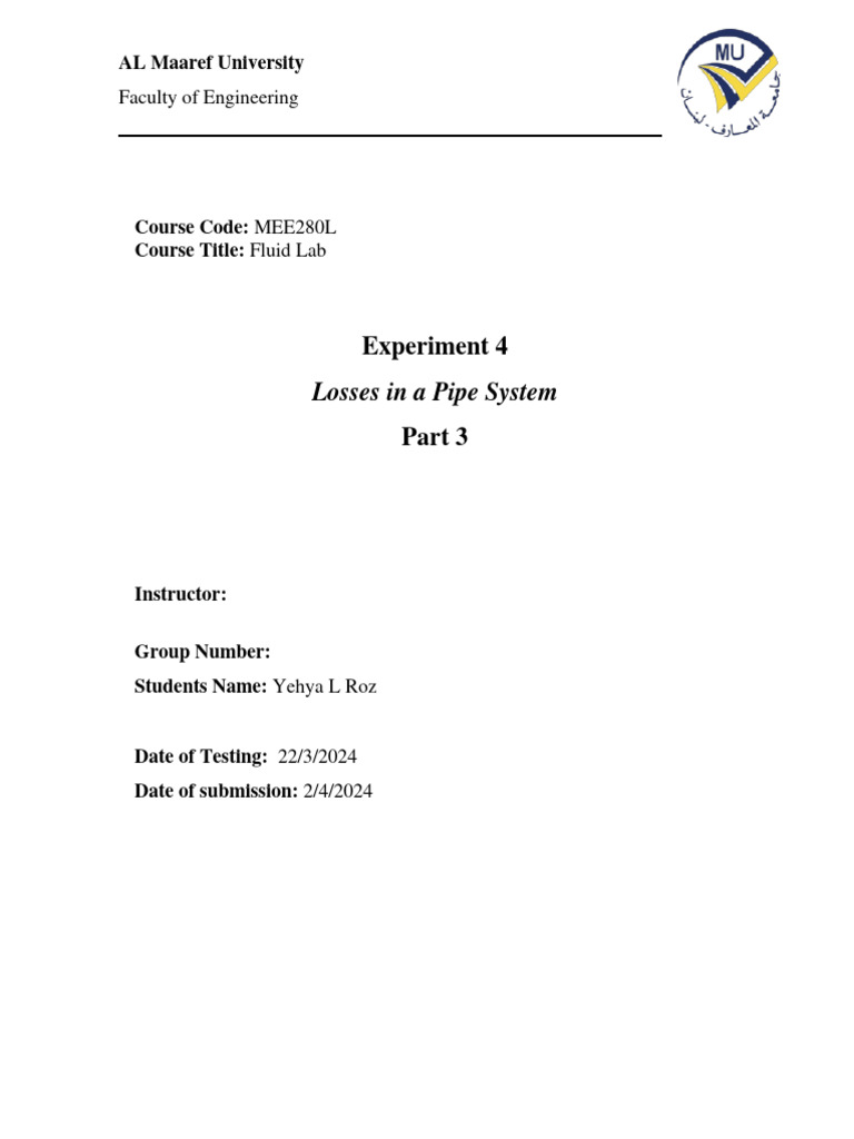 Lab 4 - Part 3 | PDF | Reynolds Number | Fluid Dynamics Lab 4 - Part 3 | PDF | Reynolds Number | Fluid Dynamics