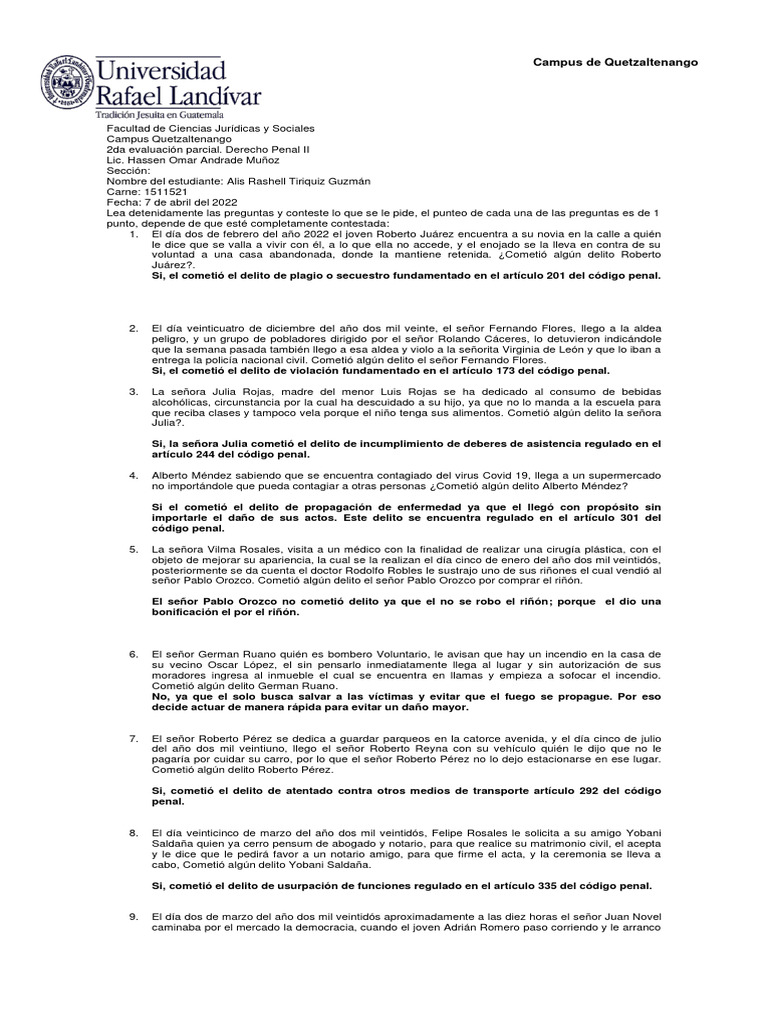 2da Evaluacion Parcial Derecho Penal II. 2022 3 | PDF | Violación | Derecho penal