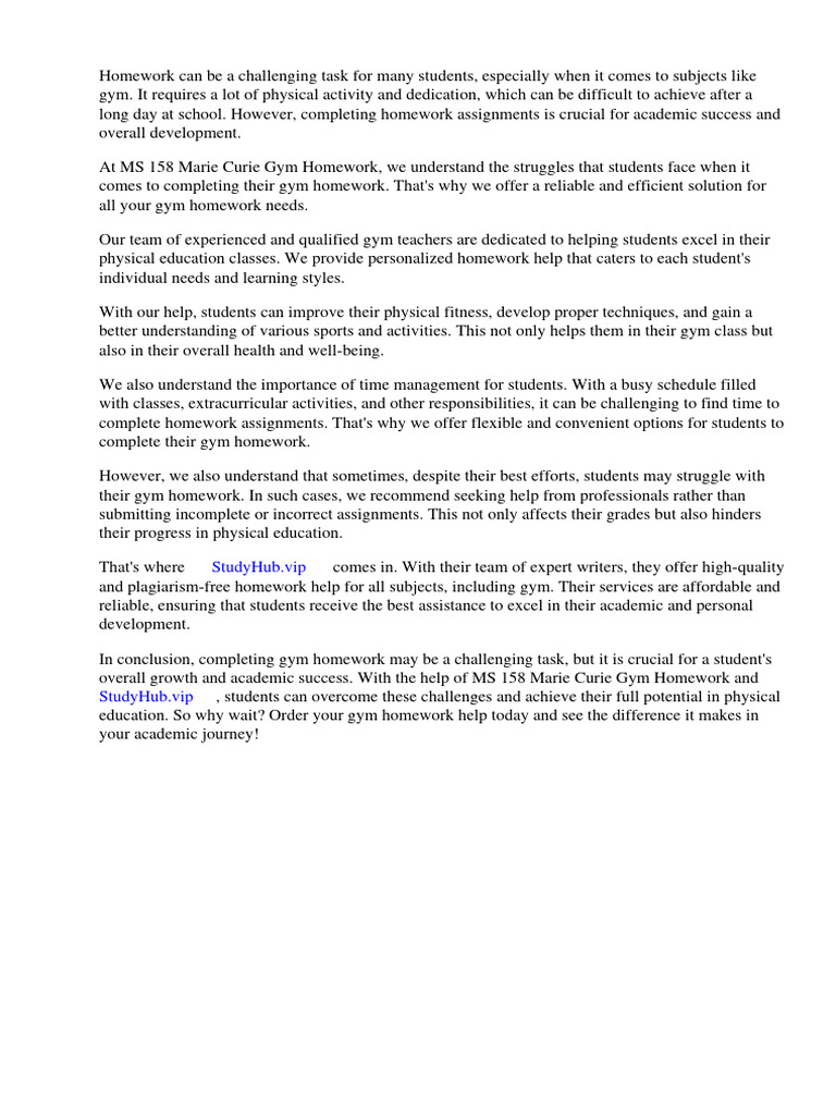 Ms 158 Marie Curie Gym Homework | Download Free PDF | Homework ...