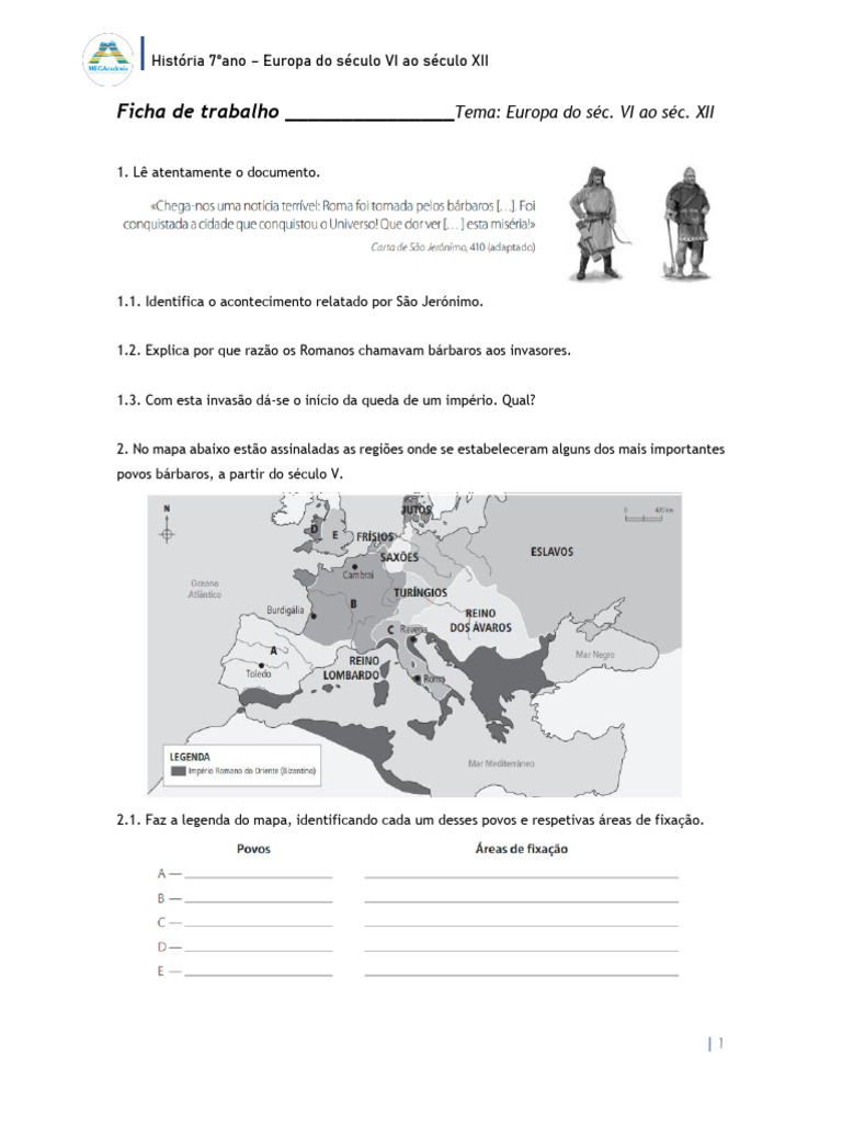 Ficha de Avaliação - Hist 7º Ano Europa Do Século VI Ao Século XII ...