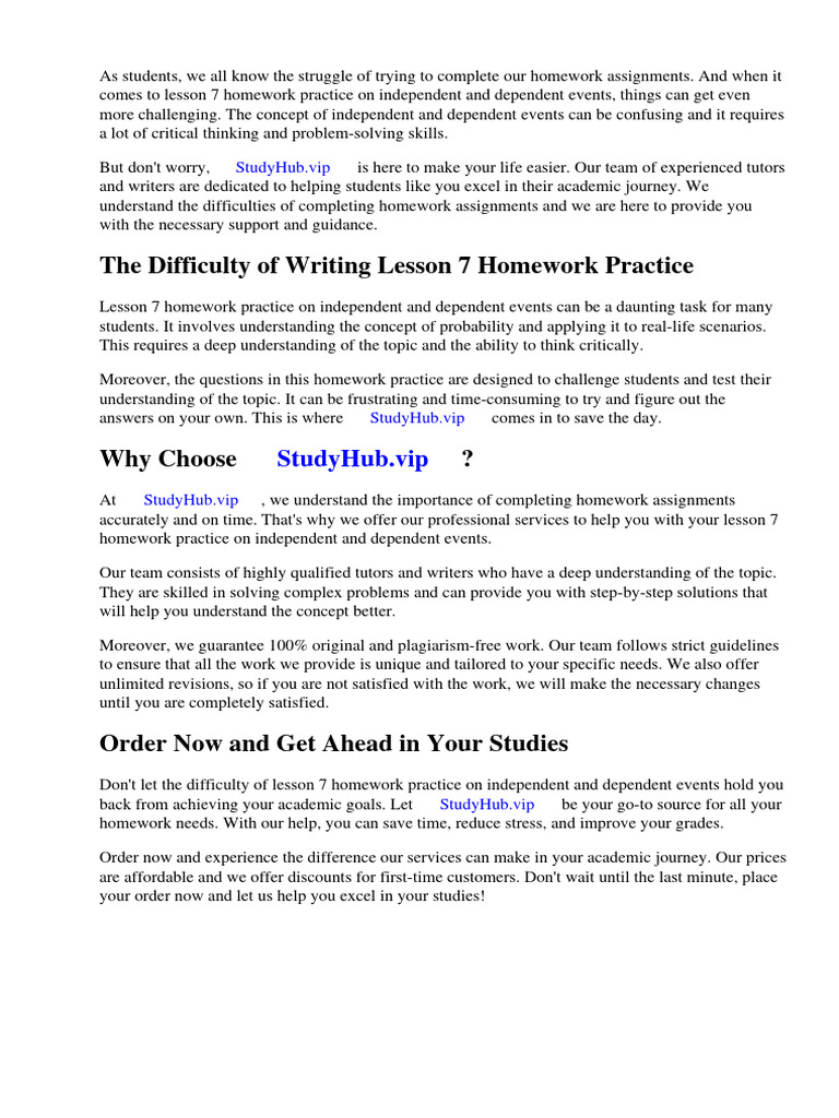 Lesson 7 Homework Practice Independent and Dependent Events Answers ...