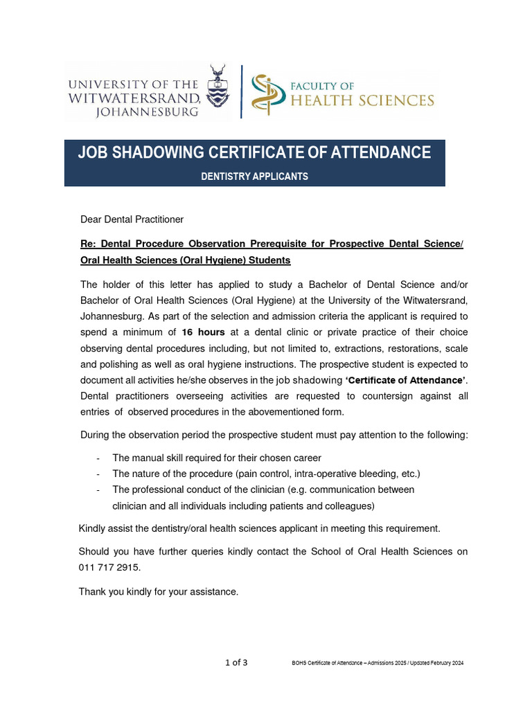 BDS Job Shadowing Certificate Guidelines | PDF | Dentistry | Oral Hygiene