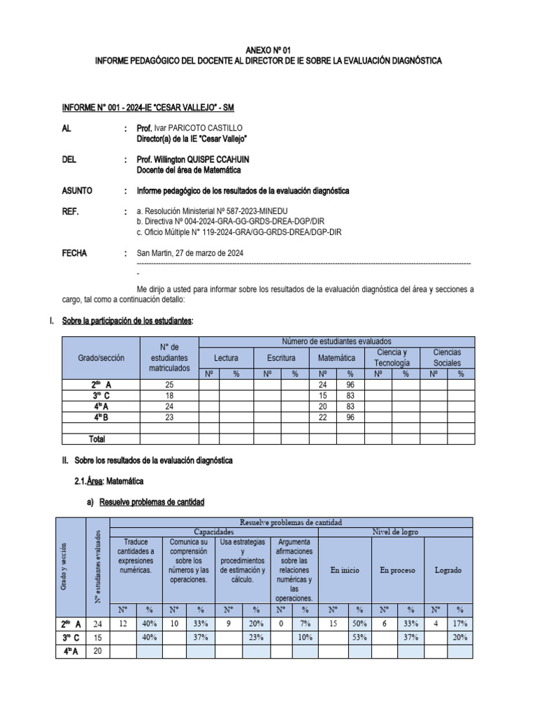 Informe Del Docente Evaluacion Diagnostica | PDF | Evaluación | Aprendizaje
