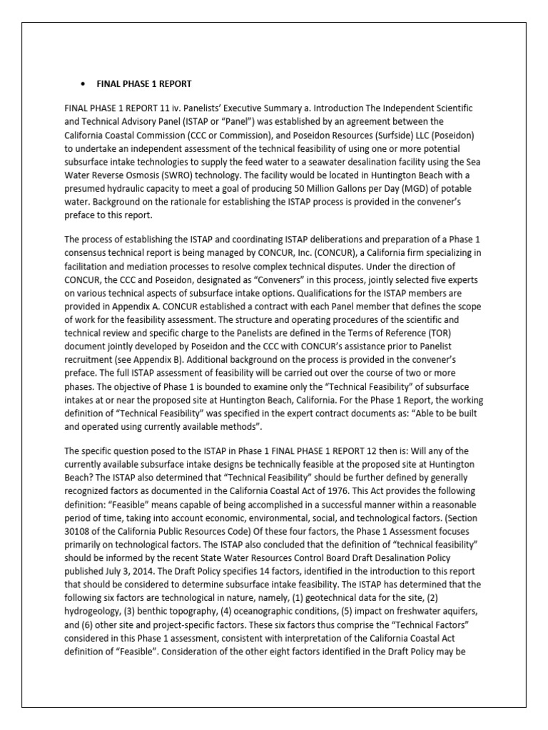 FINAL PHASE 1 REPORT | PDF | Coast | Desalination