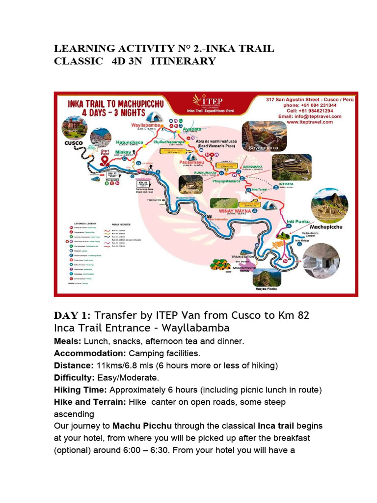 INKA TRAIL CLASSIC 4D 3N ITINERARY | PDF | Machu Picchu | Hiking