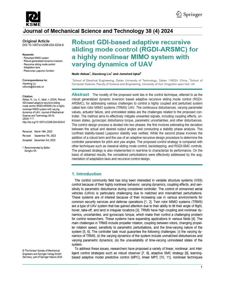 Robust GDI-based Adaptive Recursive Sliding Mode Control (RGDI-ARSMC) For A Highly Nonlinear ...