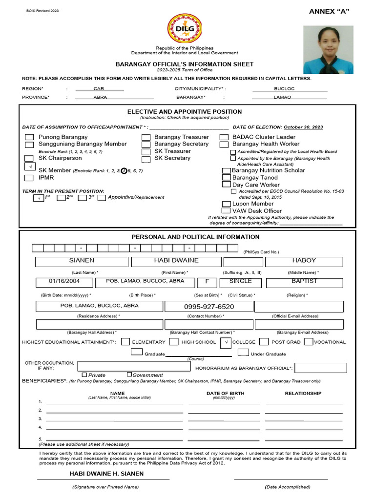 11.08.23 Annex A BOIS Form Revised 2023 | PDF