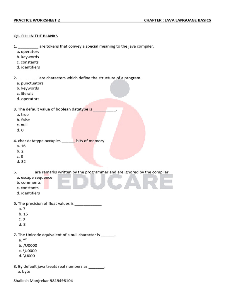 PRACTICE WORKSHEET 2 | PDF | C (Programming Language) | Data Type