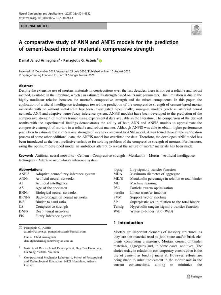 A Comparative Study of ANN and ANFIS Models For The Prediction of Cement-Based Mortar Materials ...