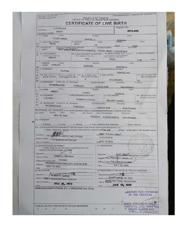 Certificate of Live Birth & Official Receipt | PDF