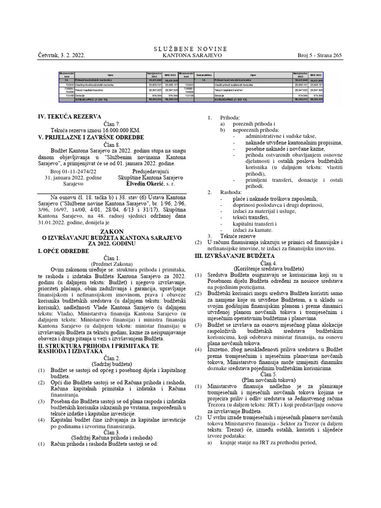 Zakon o Izvršavanju Budžeta KS Za 2022 | PDF