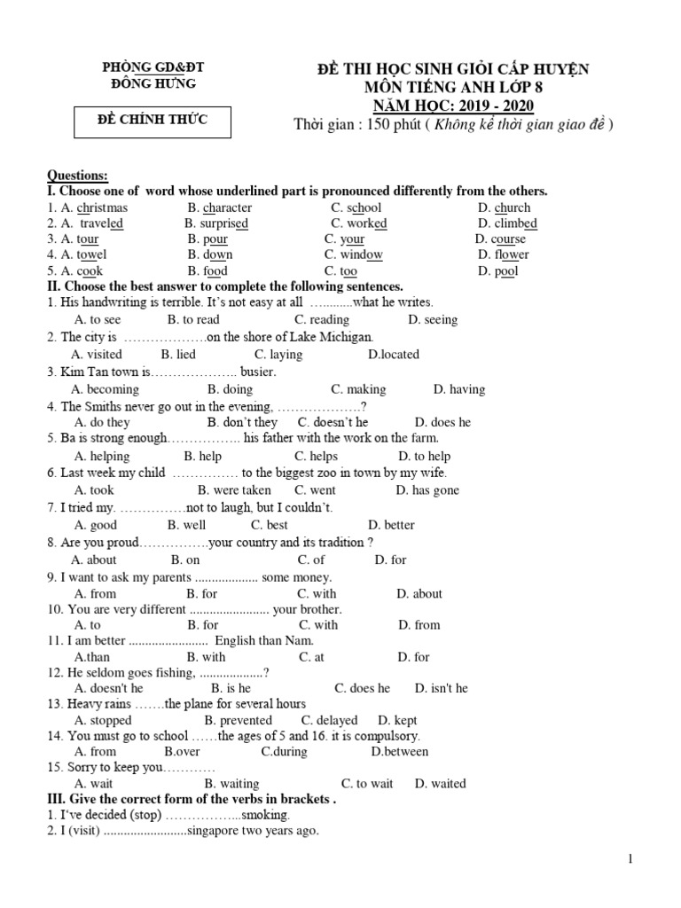 Tailieunhanh de Thi Hoc Sinh Gioi Mon Tieng Anh Lop 8 Cap Huyen Nam 2019 2020 Co Dap An Phong GD ...