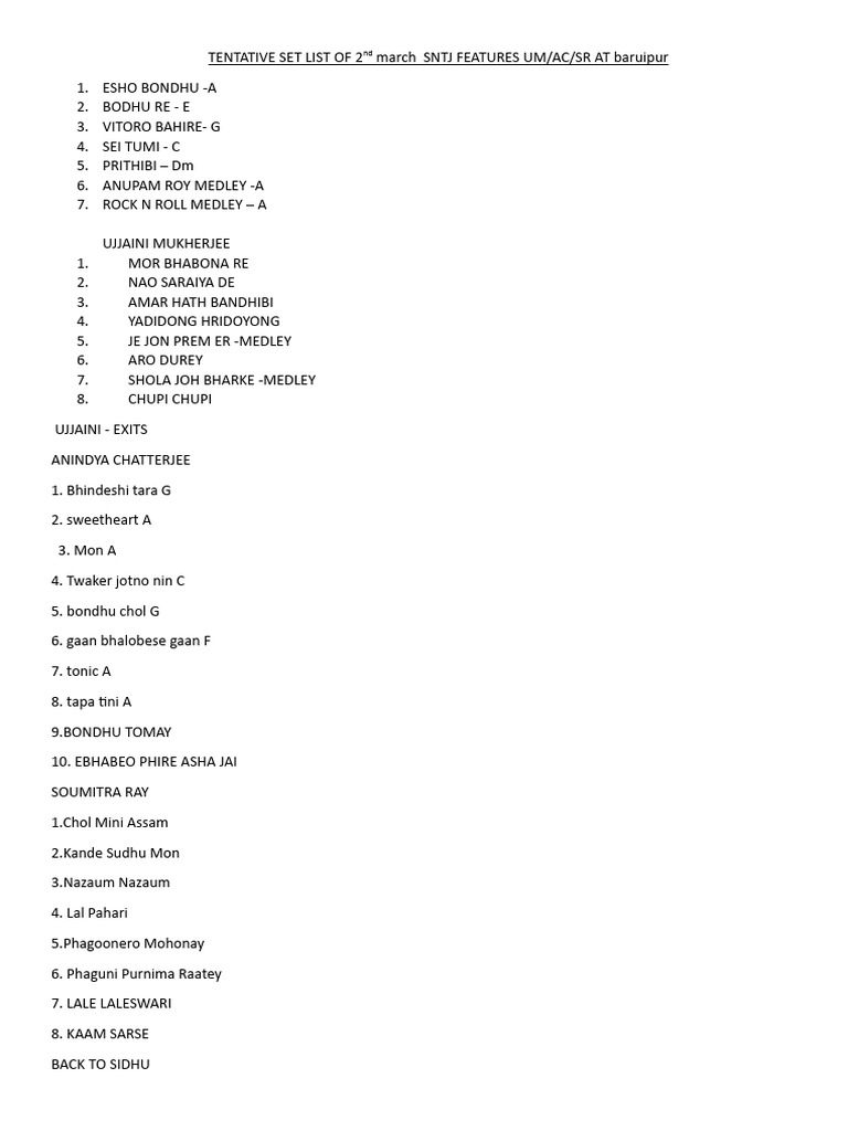March 2nd Tentative Set List | PDF