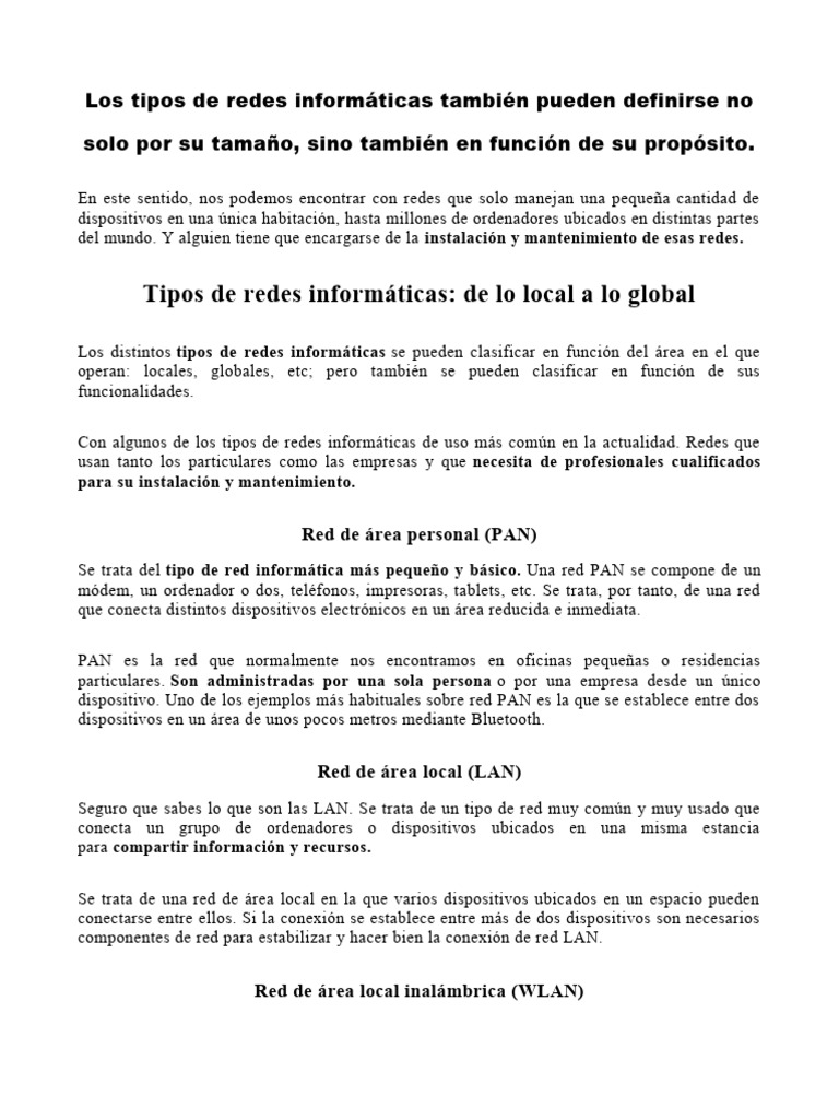Los Tipos de Redes Informáticas También Pueden Definirse No Solo Por Su Tamaño Privada, Local ...