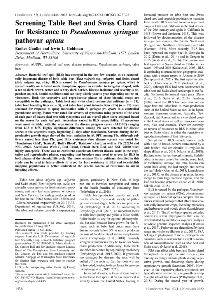 Screening Table Beet and Swiss Chard For Resistance To Pseudomonas ...