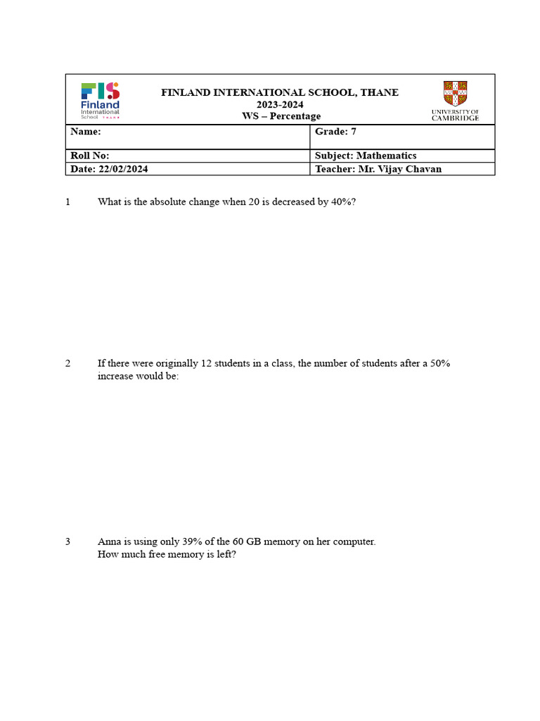 Grade 7 Percentage Worksheets PDF | PDF