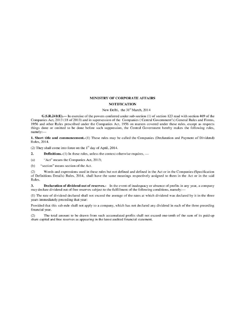 The Companies Declaration and Payment of Dividend Rules 2014 Dated ...