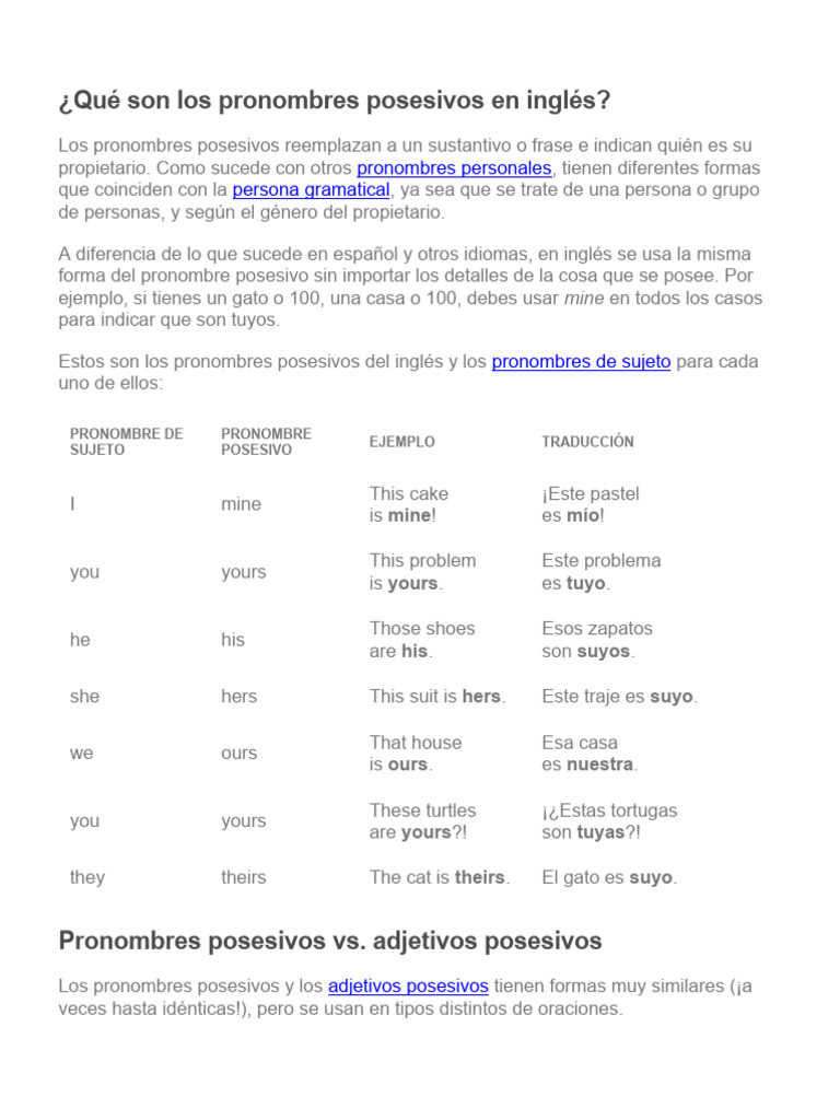 Qué Son Los Pronombres Posesivos en Inglés | PDF | Pronombre | Adjetivo