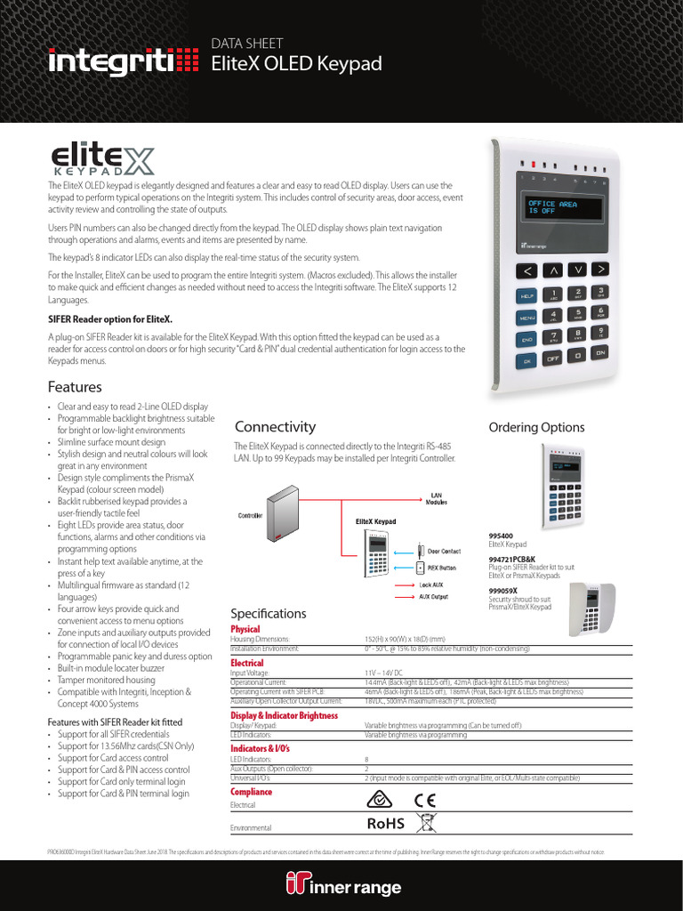 6466-EliteX LCD Keypad DataSheet | PDF | Access Control | Computer Hardware