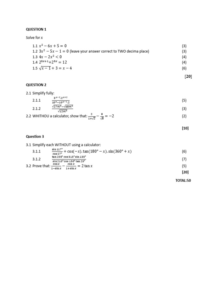 Grade 11 Mathematics Practice Questions | PDF